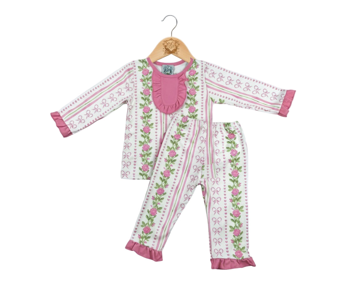 Grandmillennial Floral Pink Hearts Girl Pajama Set | Smocked Peacock
